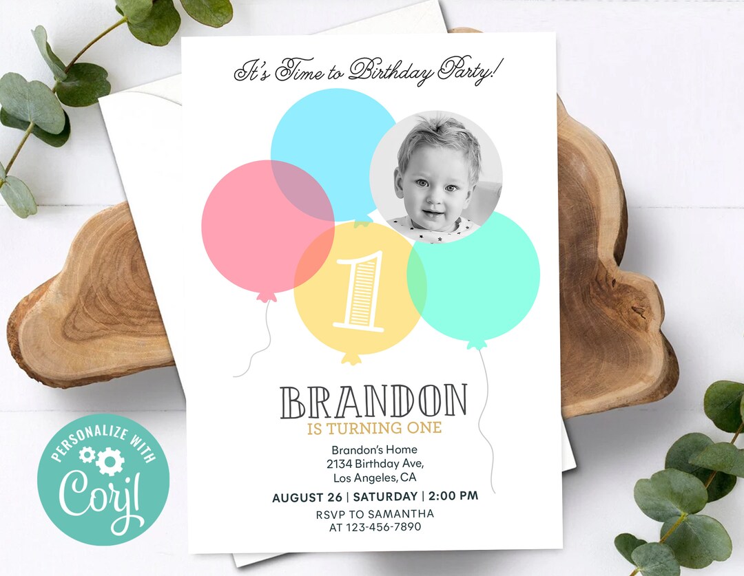 First Birthday Invitation for Kids Baloon Party Invite With Photo ...