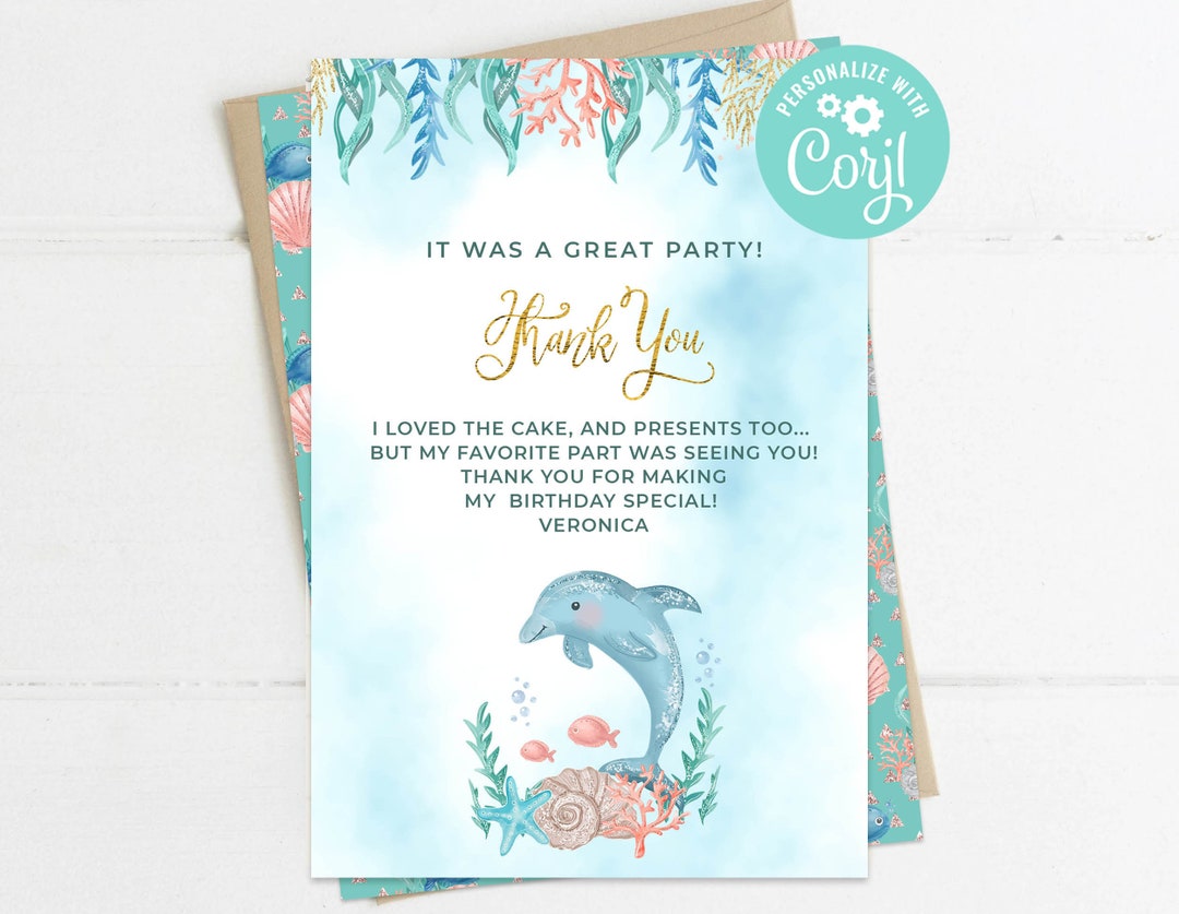 Under the Sea Thank You Card Ocean First Birthday Girl Ocean Life ...