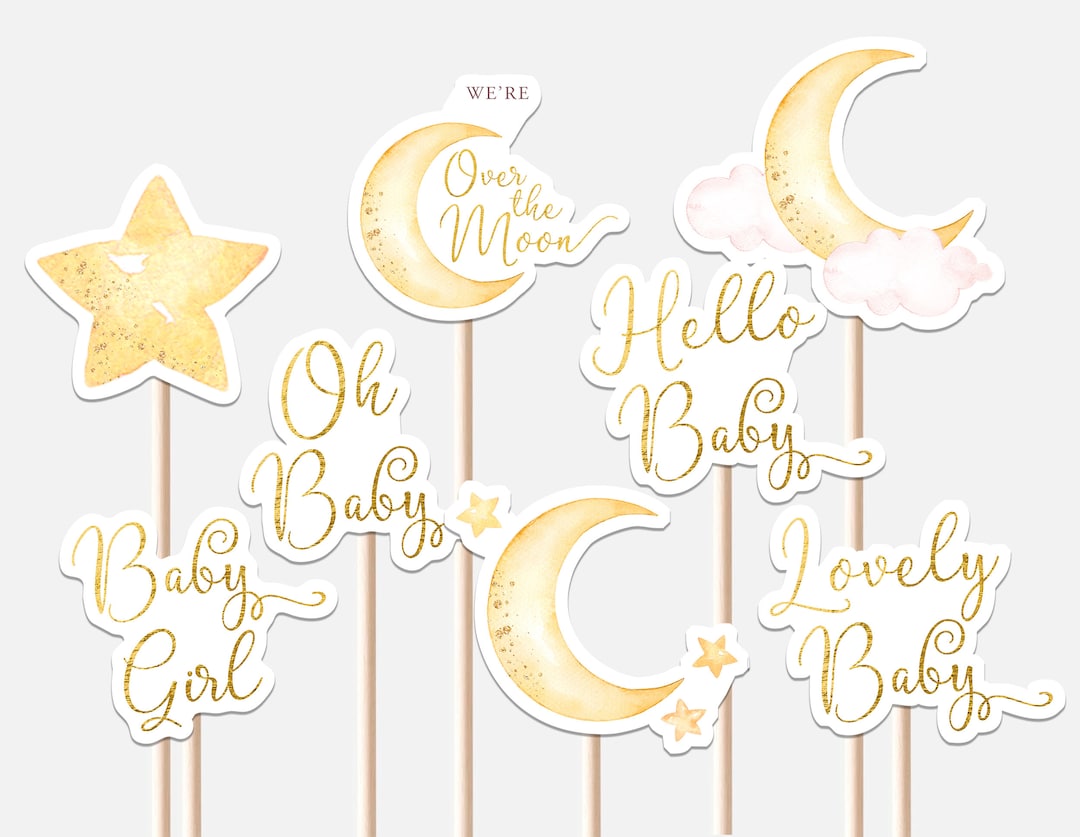 Over the Moon Baby Shower Girl Centerpieces Decoration Watercolor Gold ...