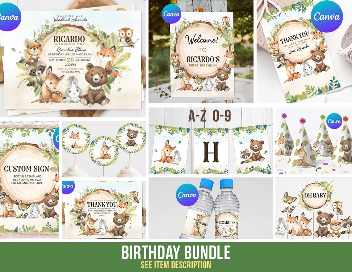 Woodland Animals First Birthday Party Animals Decorations Bundle Cute ...