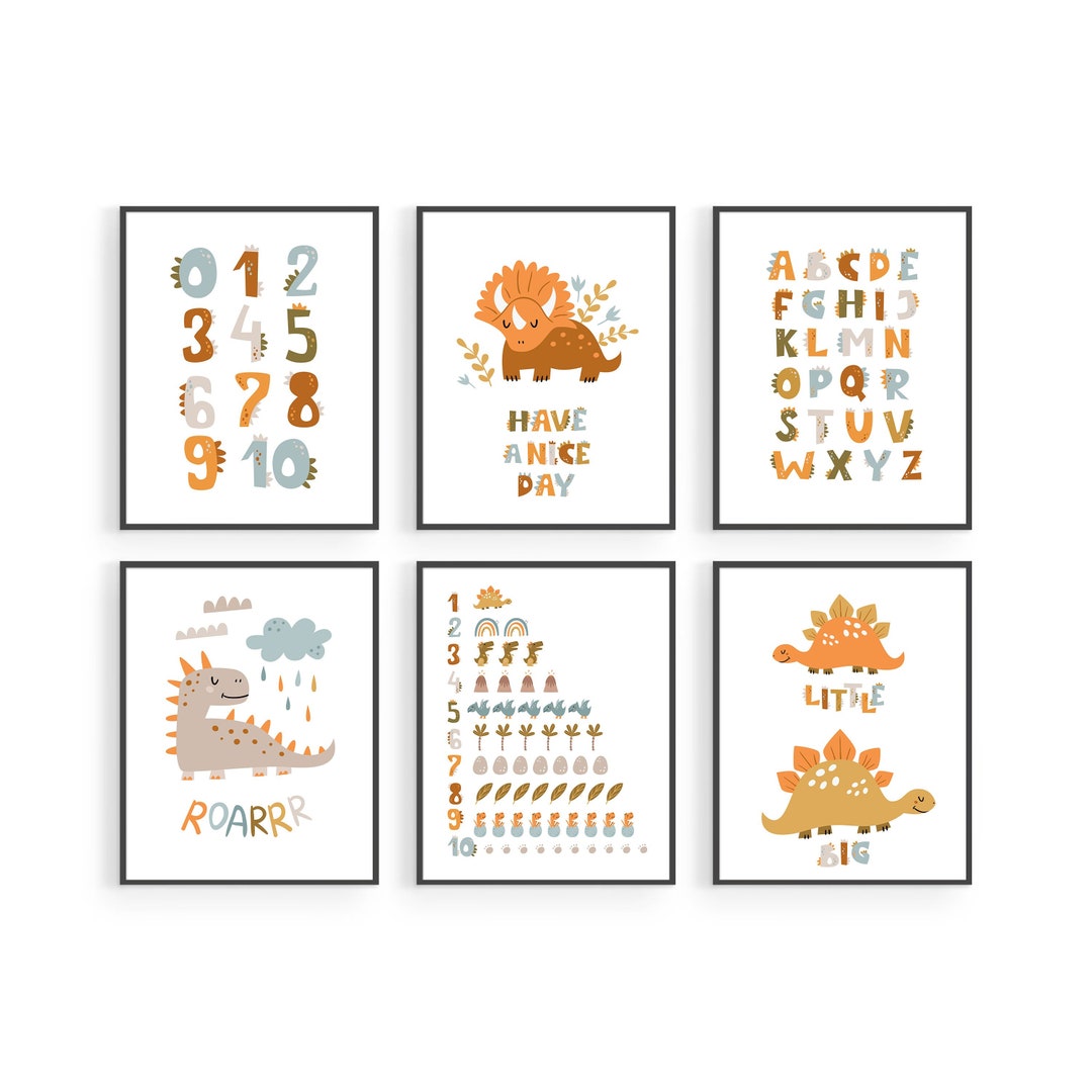 Dino Educational Wall Art Nursery Kids Print Alphabet Numbers Canvas ...