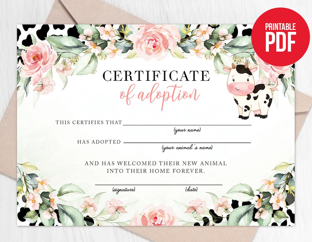 Adopt an Animal Adoption Certificate Cow First Birthday Girl Holy Cow I ...