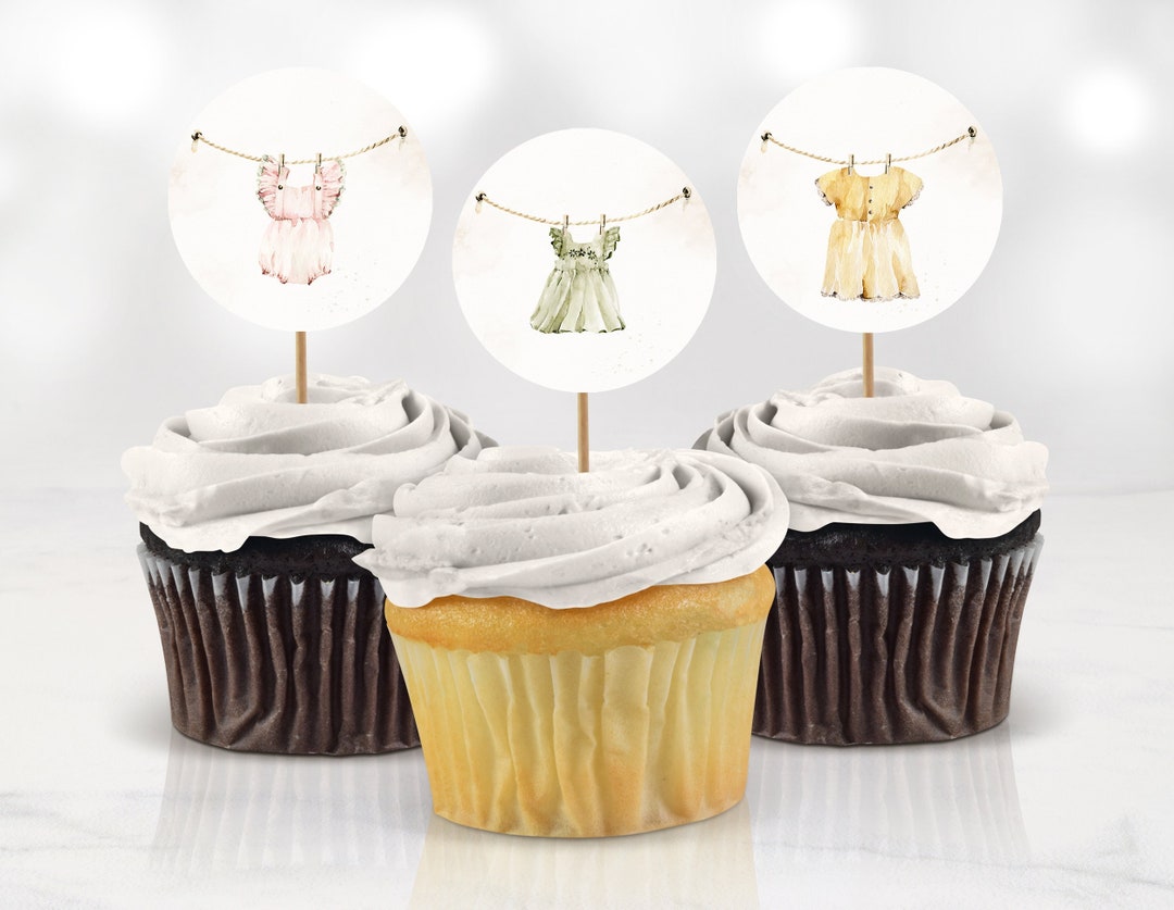 Clothesline Baby Shower Cupcake Toppers Decoration Green Boho Baby Girl ...