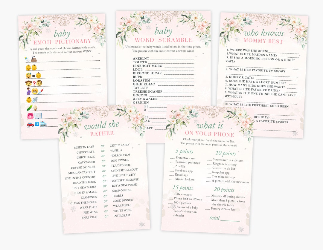 Set of 5 Baby Shower Games Printable Girl Party Decoration Pink and ...
