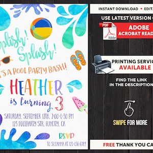 Splish Splash Birthday Invitation Girl Swimming Pool Party - Etsy