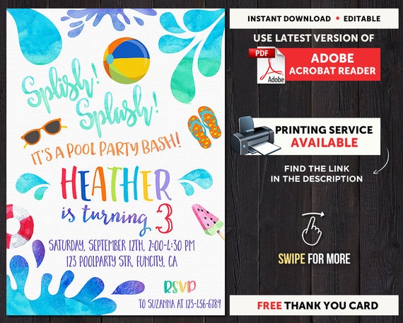 Splish Splash Birthday Invitation Girl Swimming Pool Party | Etsy