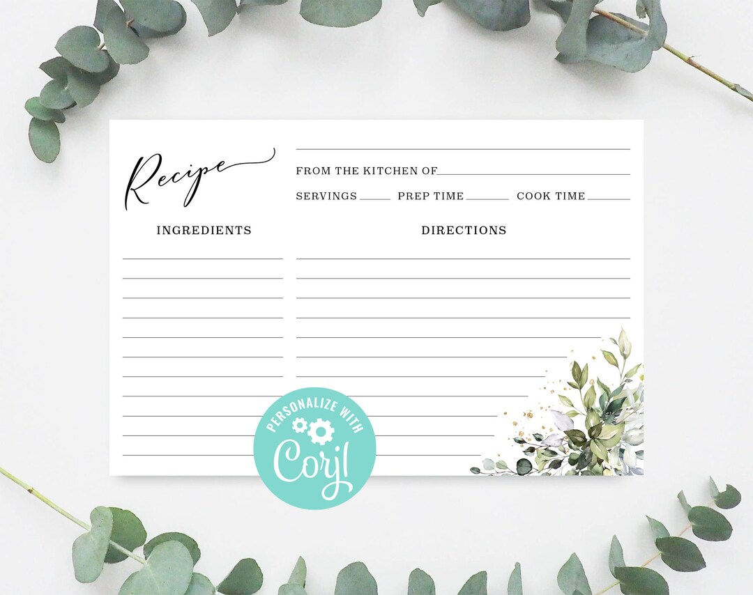 Kitchen Recipe Cards Template Printable and Editable for Bridal Shower ...