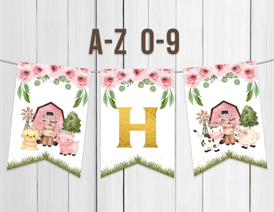 Printable Banner Letters A to Z Farm First Birthday Girl Pink Floral ...