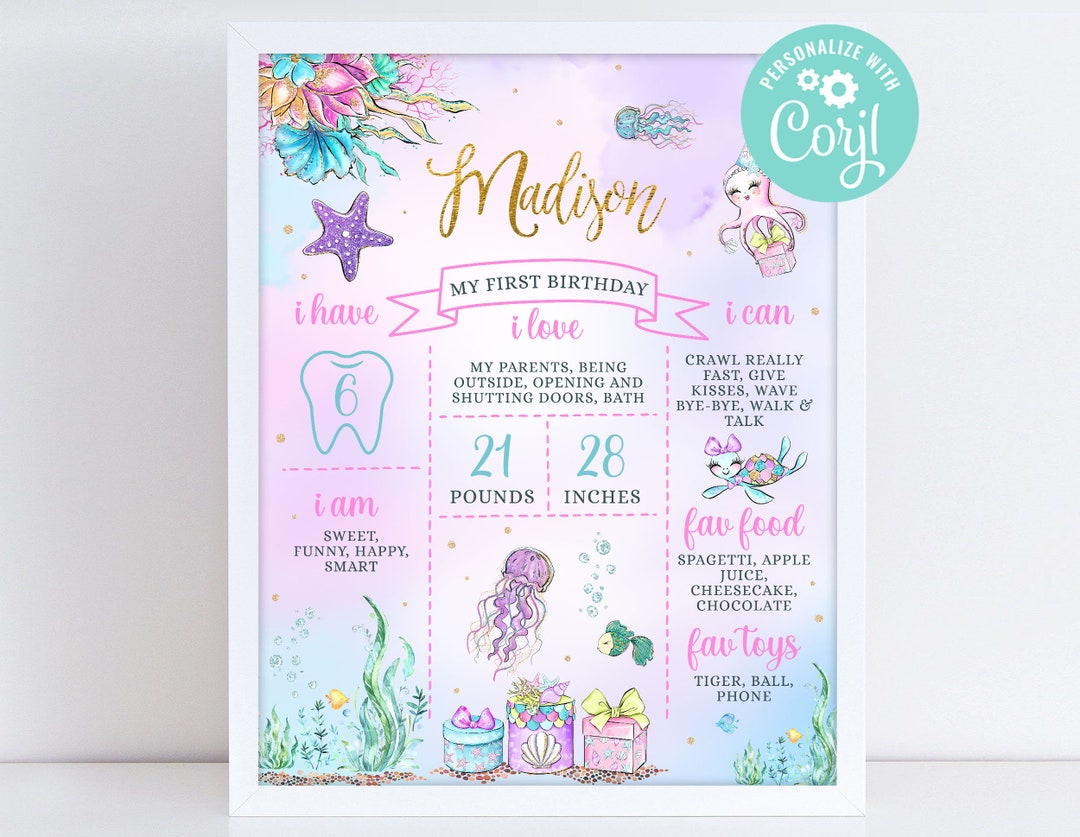 Mermaid First Birthday Milestone Board Girl Mermaid Tail Ocean Life ...