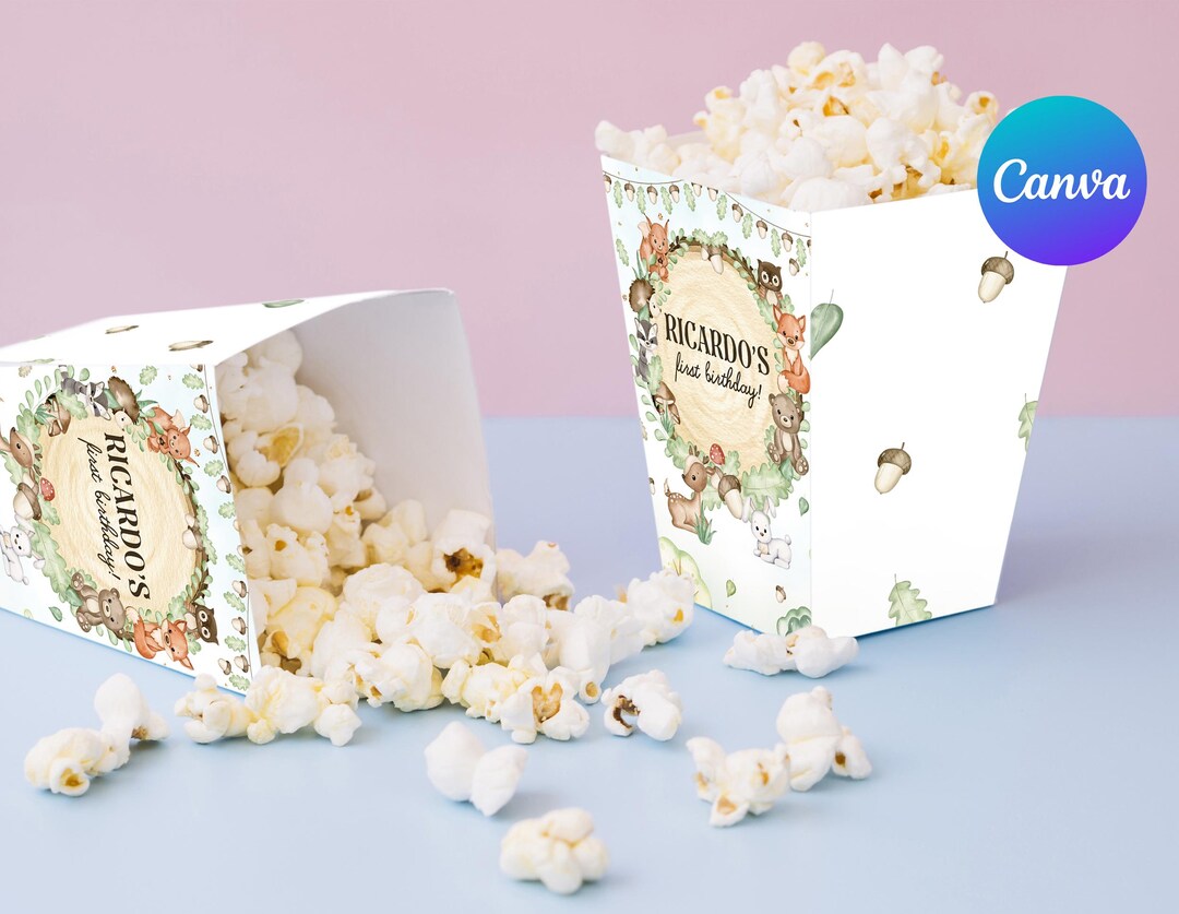 Woodland Animals First Birthday Popcorn Bags Party Animals Popcorn Box ...