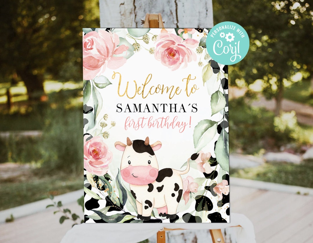 Cow First Birthday Girl Welcome Sign Holy Cow I'm One Decoration Pink ...