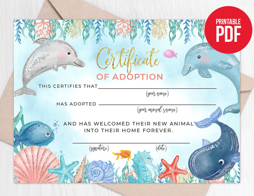 Adopt an Animal Adoption Certificate Ocean First Birthday Girl Under ...