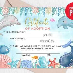Adopt an Animal Adoption Certificate Ocean First Birthday Girl Under ...