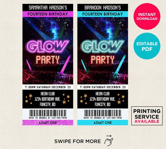 Neon Glow Party Birthday Invitation Ticket Printable Tag - Etsy