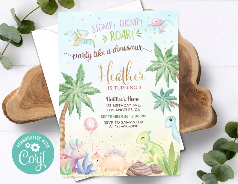 Stomp Chomp Roar Birthday Invitation Jurassic Dino Girl Party - Etsy