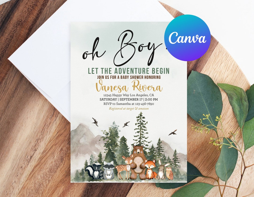 Let the Adventure Begin Baby Shower Invitation Oh Boy Woodland Animals ...