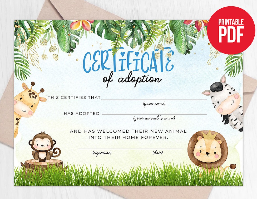 Adopt an Animal Adoption Certificate First Birthday Boy Calling All ...