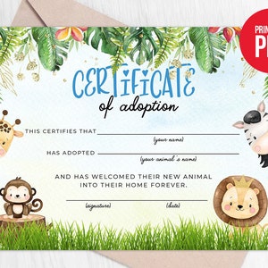 Adopt an Animal Adoption Certificate First Birthday Boy Calling All ...