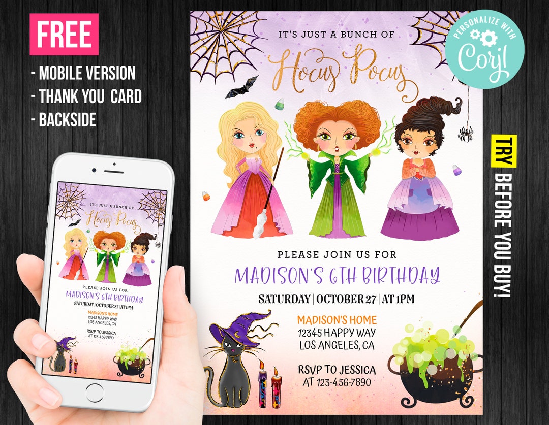 Hocus Pocus Birthday Invitation Girl Instant Download Thank You Card ...