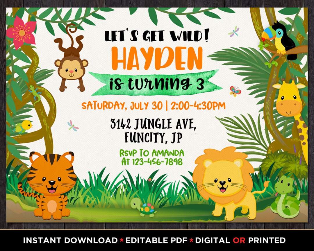 Let's Get Wild Birthday Invitation Boy Animals Jungle Invitation Zoo ...