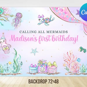 Mermaid First Birthday Backdrop Girl Mermaid Tail Ocean Life Under the ...