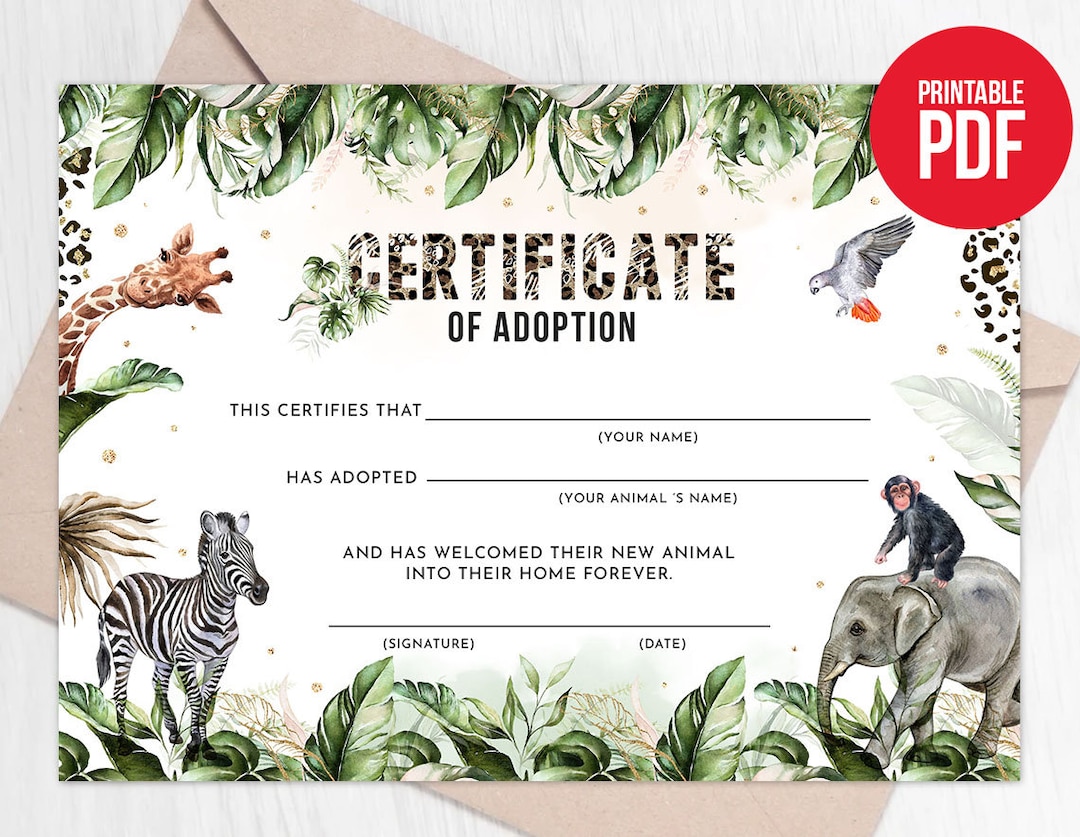 Adopt an Animal Adoption Certificate First Birthday Wild One Jungle ...