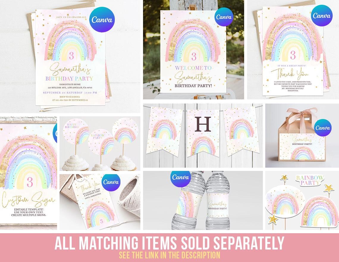 Rainbow Birthday Bottle Labels Girl Boho Gold Stars Pink Pastel Rainbow ...