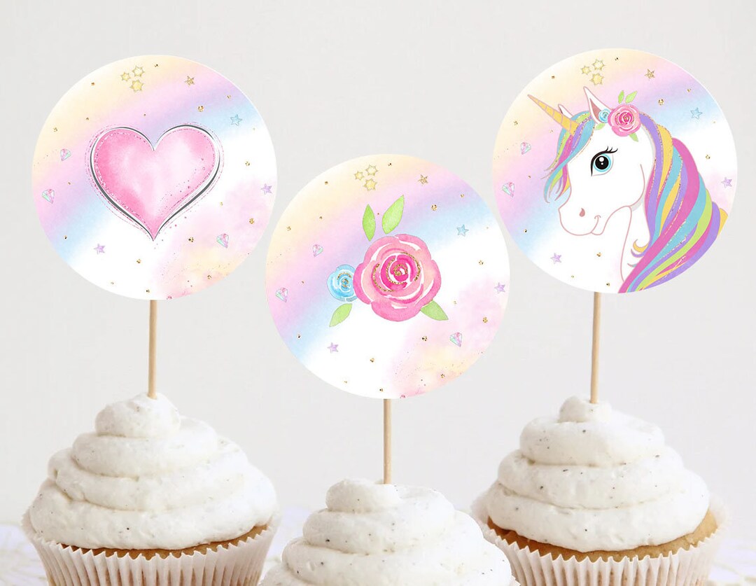 Unicorn Birthday Cupcake Toppers Decoration Girl Gold and Pink Roses ...
