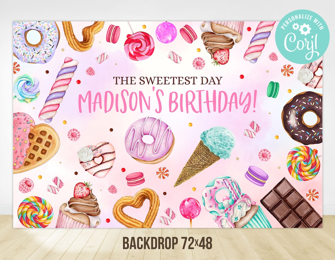 Sweet Birthday Backdrop Pink Candy Land Sweets Celebration Donut ...