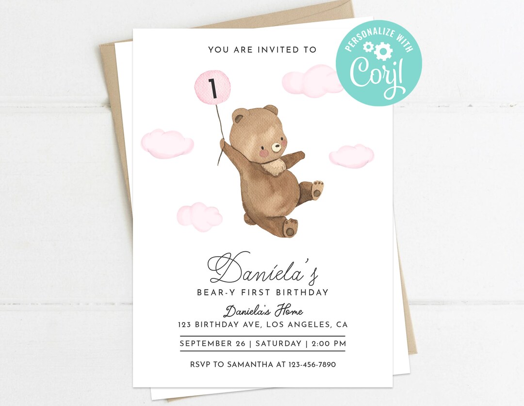 Teddy Bear First Birthday Invitation Girl Cute Beary 1st Birthday Pink ...