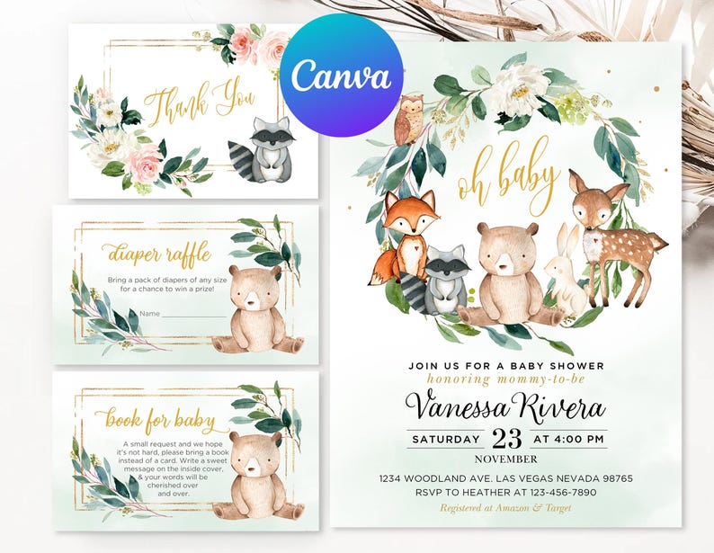 Woodland Animals Baby Shower Invitation Set Oh Baby Forest Greenery ...