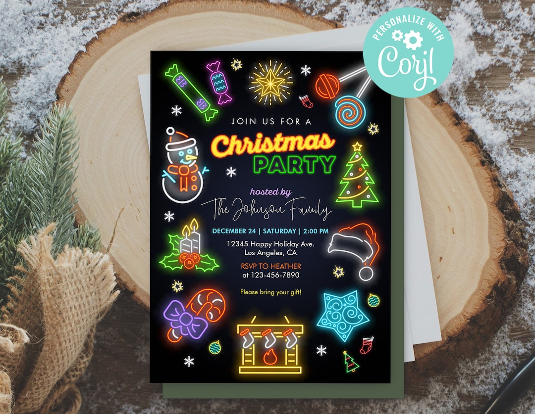 Christmas Glow Party Invitation Neon Glow Holiday Party Invite Neon ...