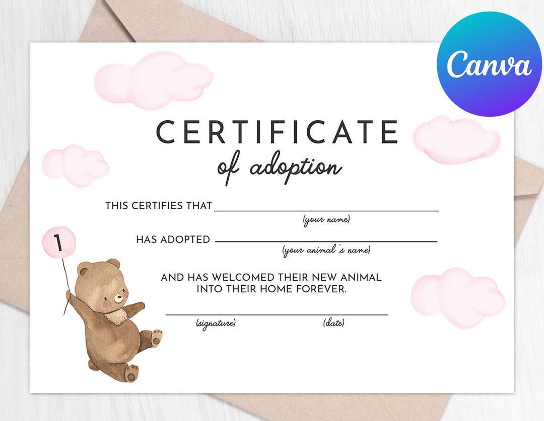 Adopt an Animal Adoption Certificate Teddy Bear First Birthday Cute ...