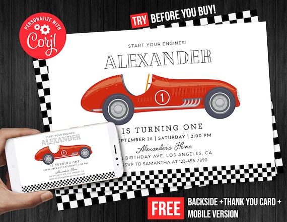 Racing Birthday Invitation Boy First Birthday Thank You Card - Etsy