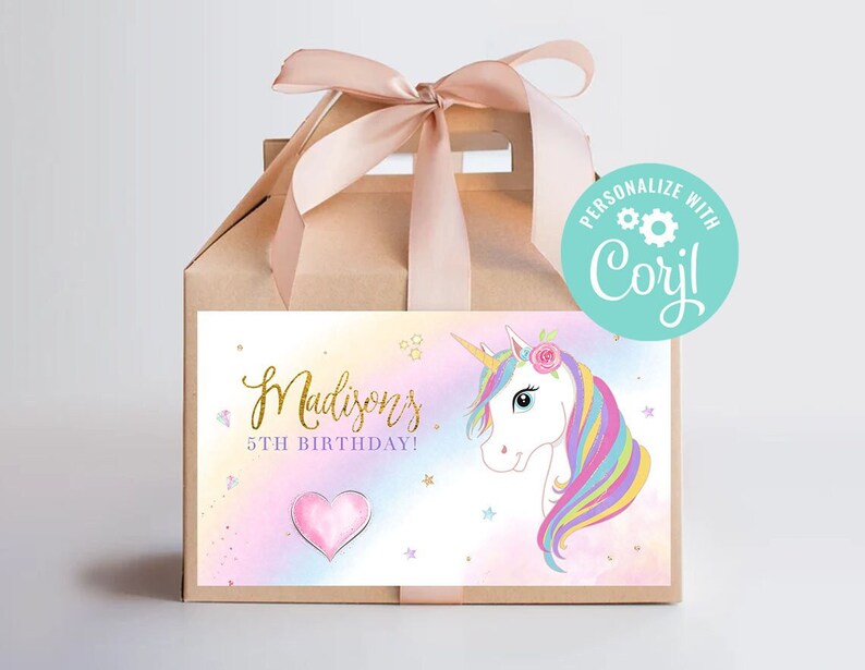 Unicorn Birthday Gable Box Labels Girl Gold and Pink Roses - Etsy