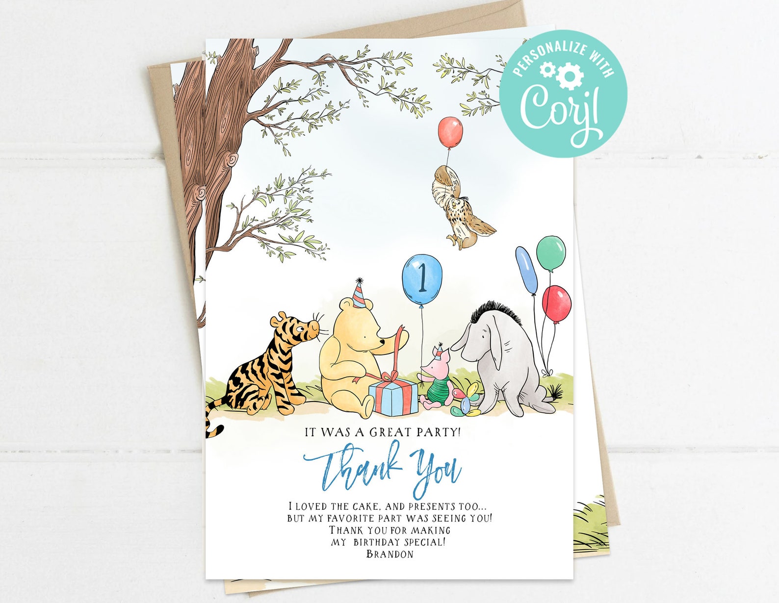 Classic Winnie the Pooh Thank You Card Boy First Birthday Decoration ...