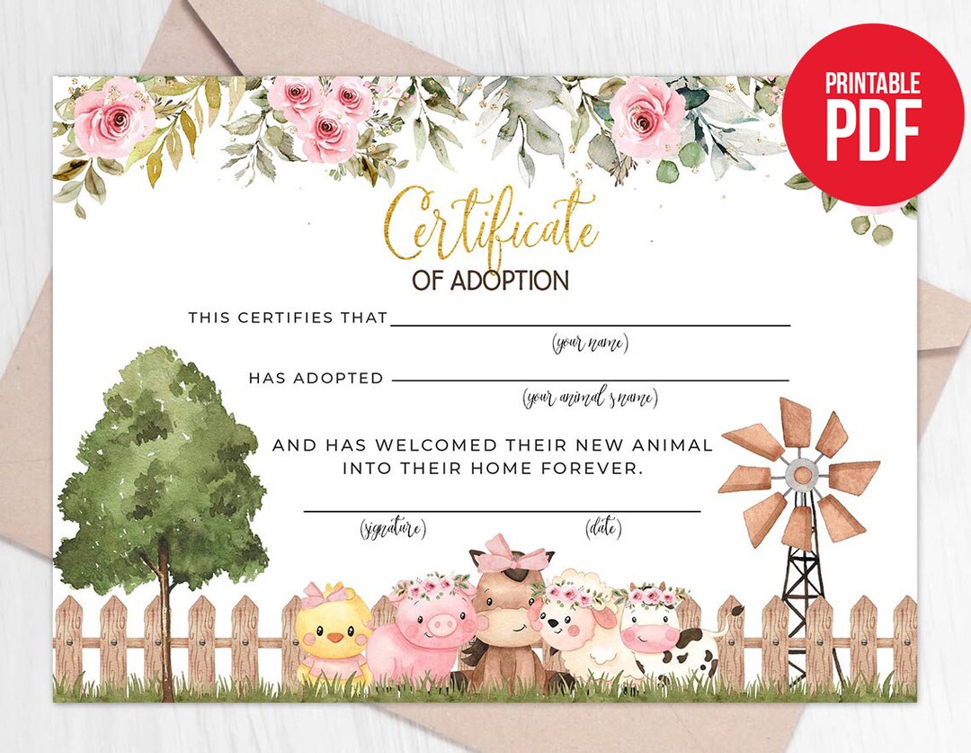 Adopt an Animal Adoption Certificate Farm First Birthday Girl Pink ...