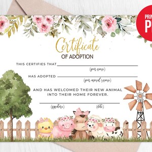 Adopt an Animal Adoption Certificate Farm First Birthday Girl Pink ...