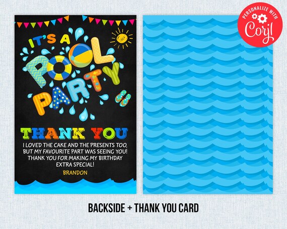 Swimming Pool Party Birthday Thank You Card Party Editable | Etsy