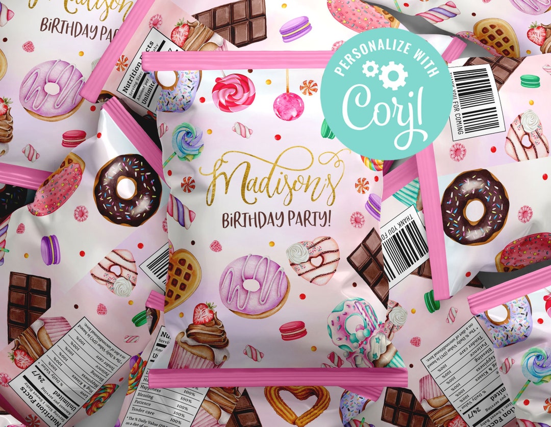 Sweet Birthday Chip Bag Labels Pink Candy Land Sweets Celebration Donut ...