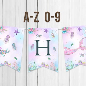 Printable Banner Letters A to Z Mermaid First Birthday Girl Under the ...