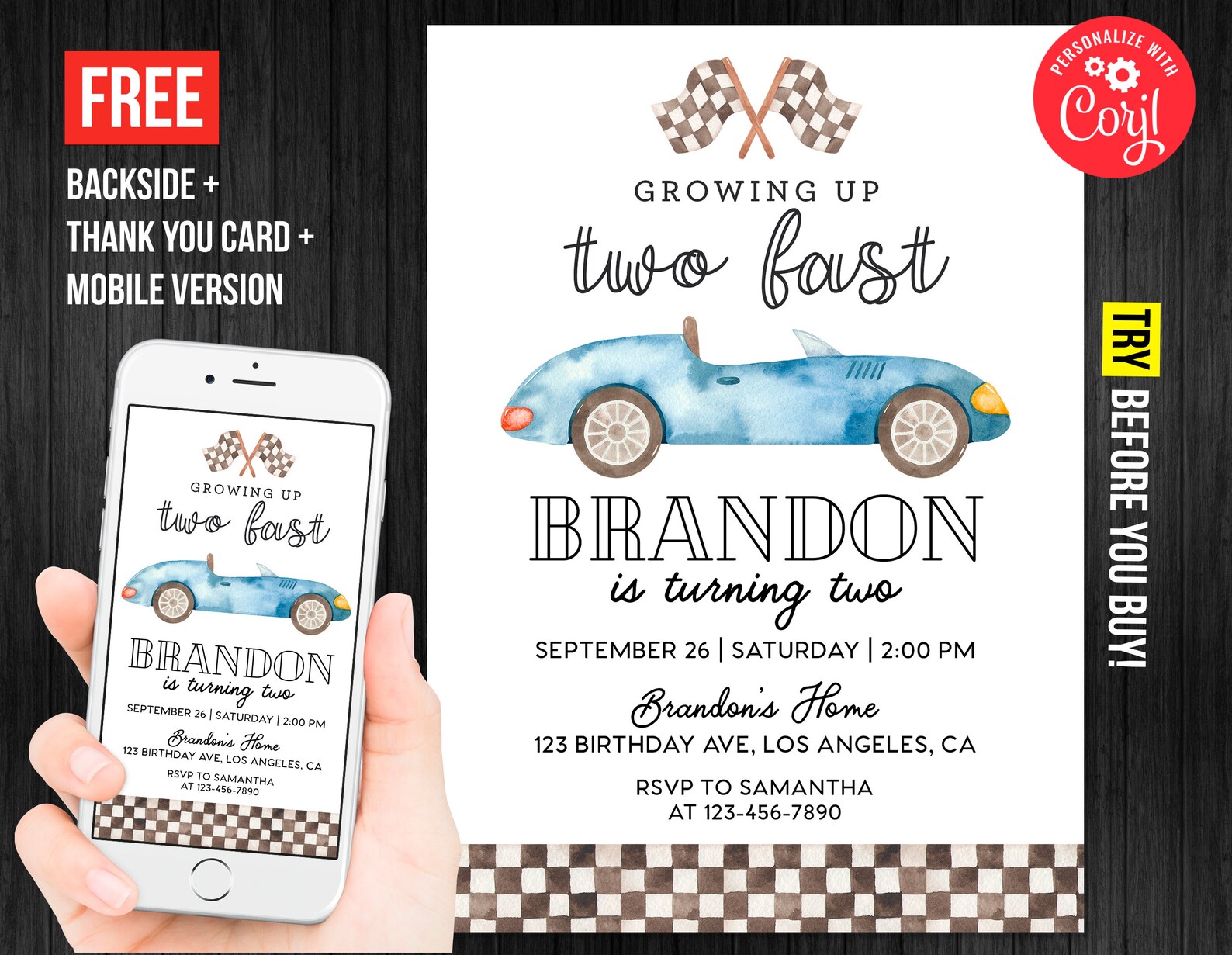 Racing Birthday Invitation Boy Second Birthday Party Thank You - Etsy