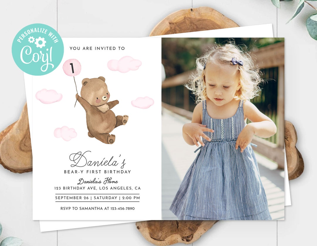Teddy Bear First Birthday Invitation Card Photo Picture Girl Cute Beary ...