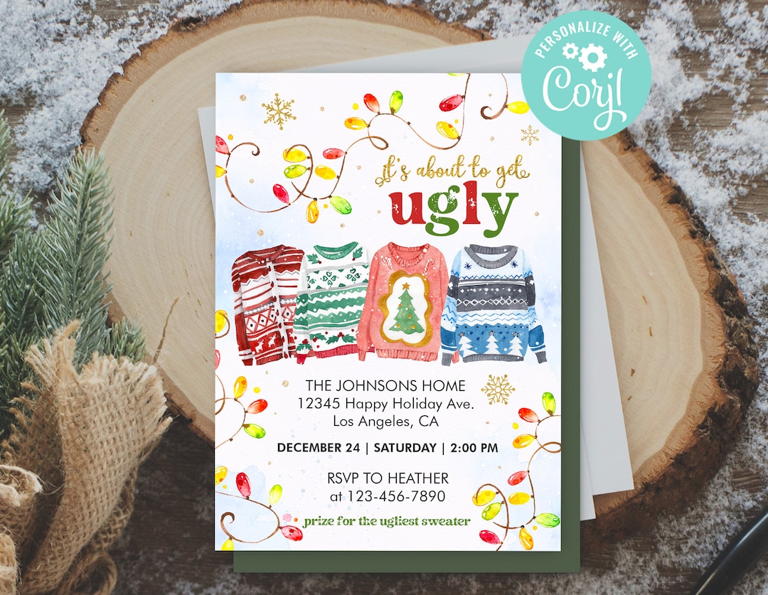 Ugly Christmas Sweater Invitation It's About to Get Ugly Modern Holiday Party Invite Template ...