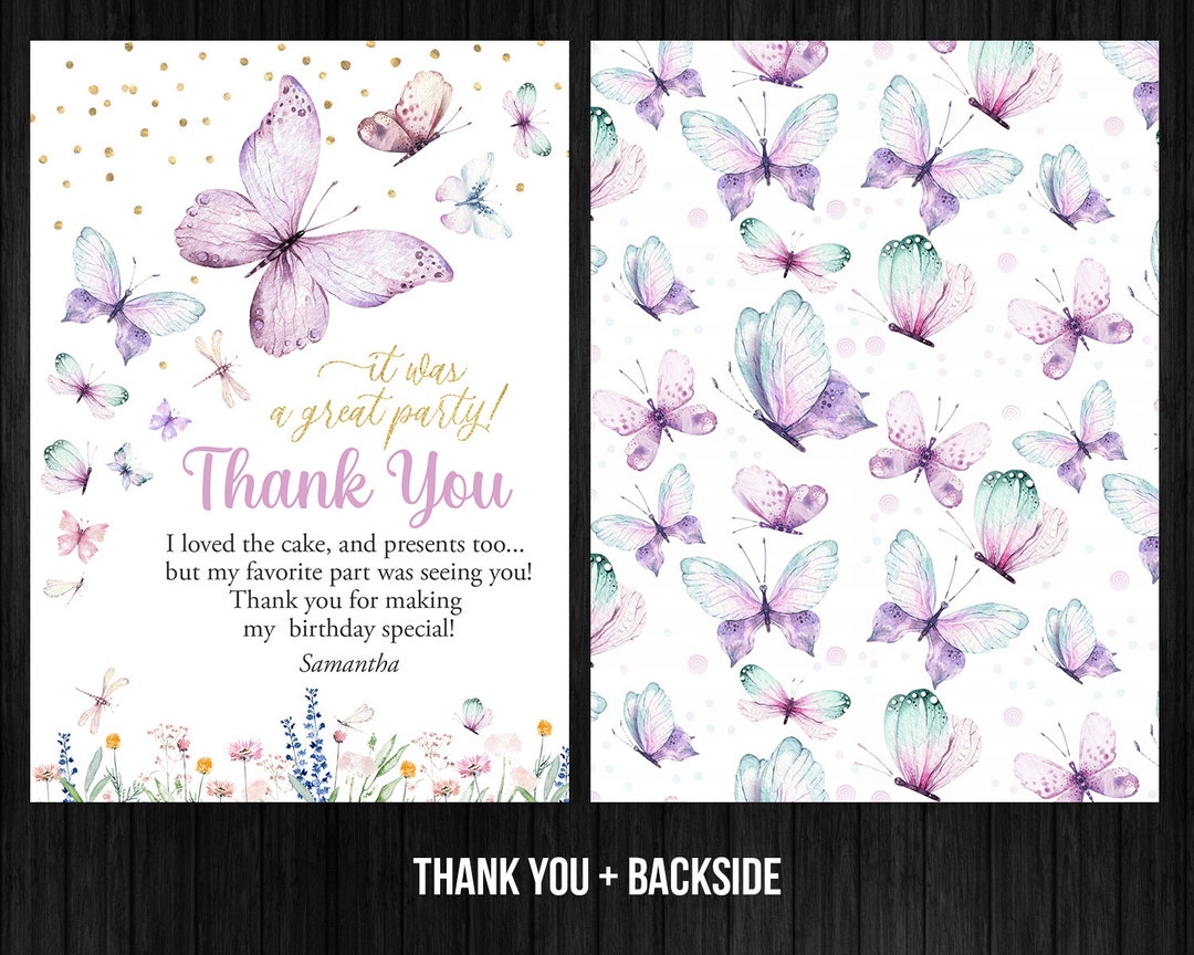 Butterfly Thank You Card Summer Flowers Birthday Girl Thank You Card ...