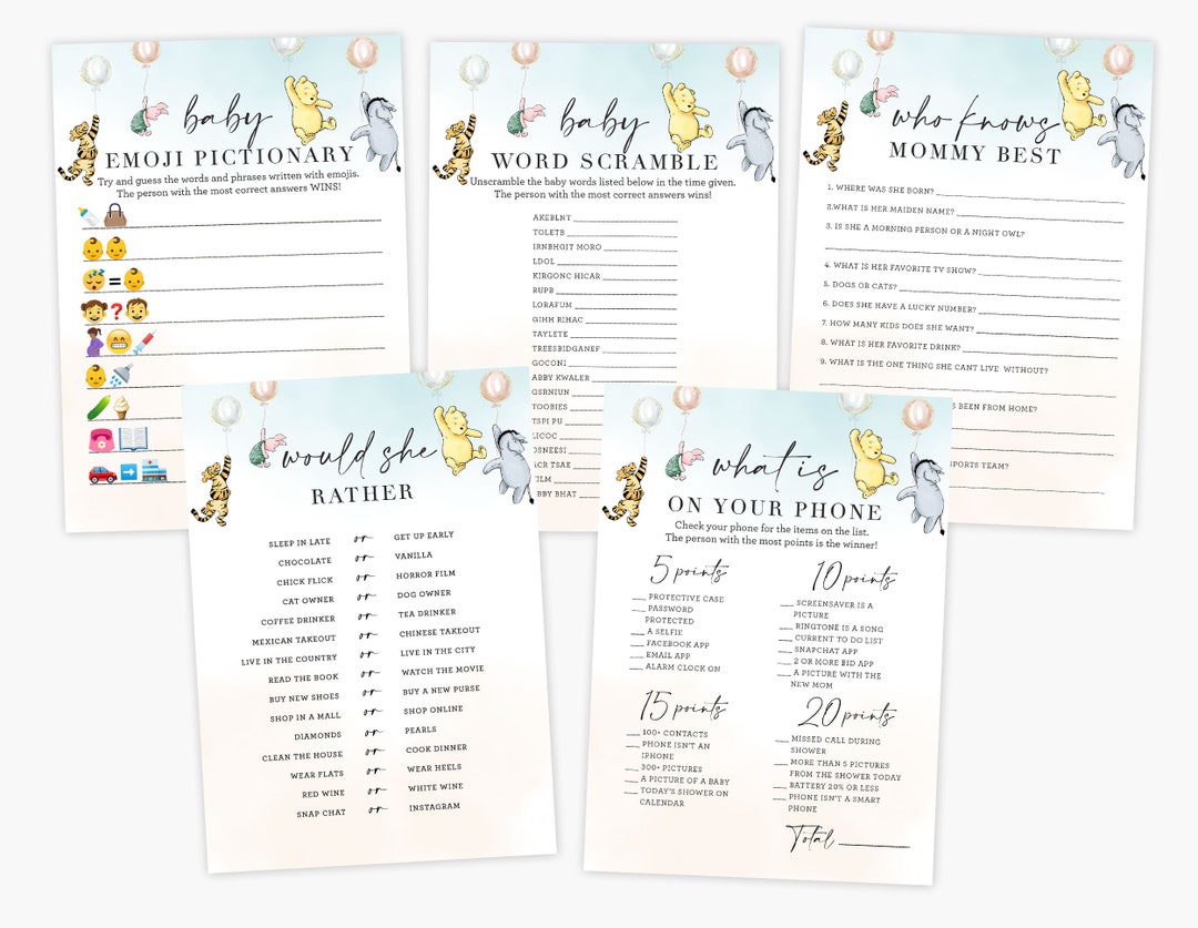 Set of 5 Baby Shower Games Printable Party Decoration Classic Winnie ...