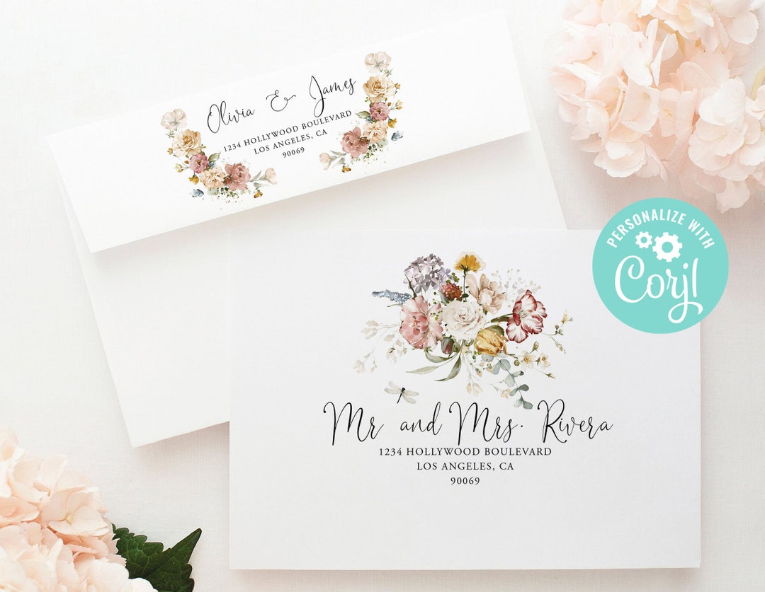 Floral Envelope Address Weddings Label Editable Template Digital Bridal ...