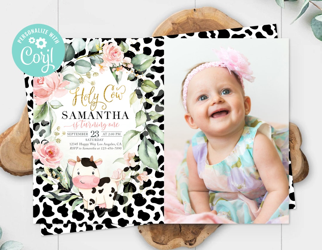 Cow First Birthday Invitation Card Photo Picture Girl Holy Cow - Etsy ...