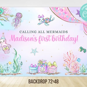 Mermaid First Birthday Backdrop Girl Mermaid Tail Ocean Life Under the ...
