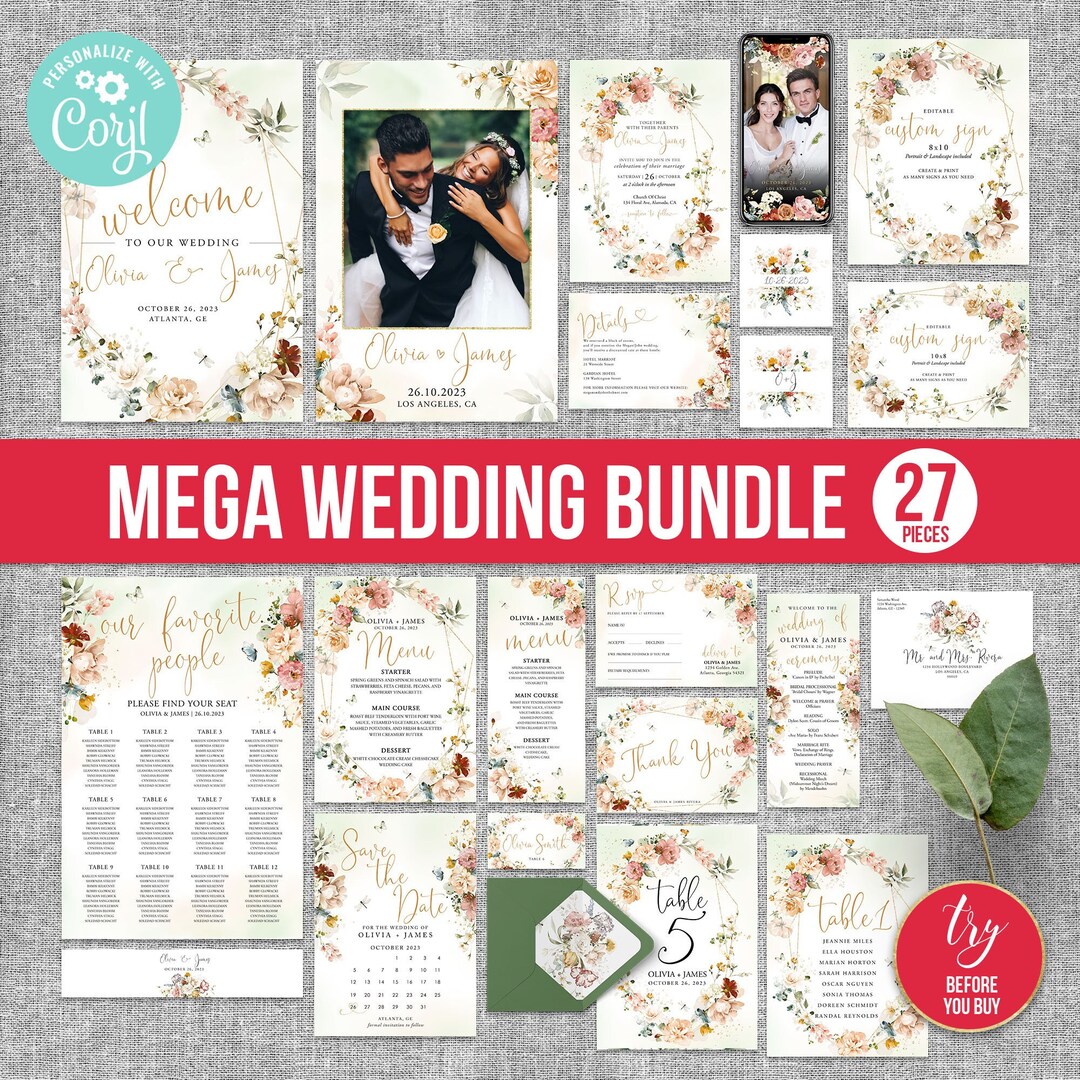 Wedding Bundle Template Set Invitation Suite RSVP Menu Program Elegant ...